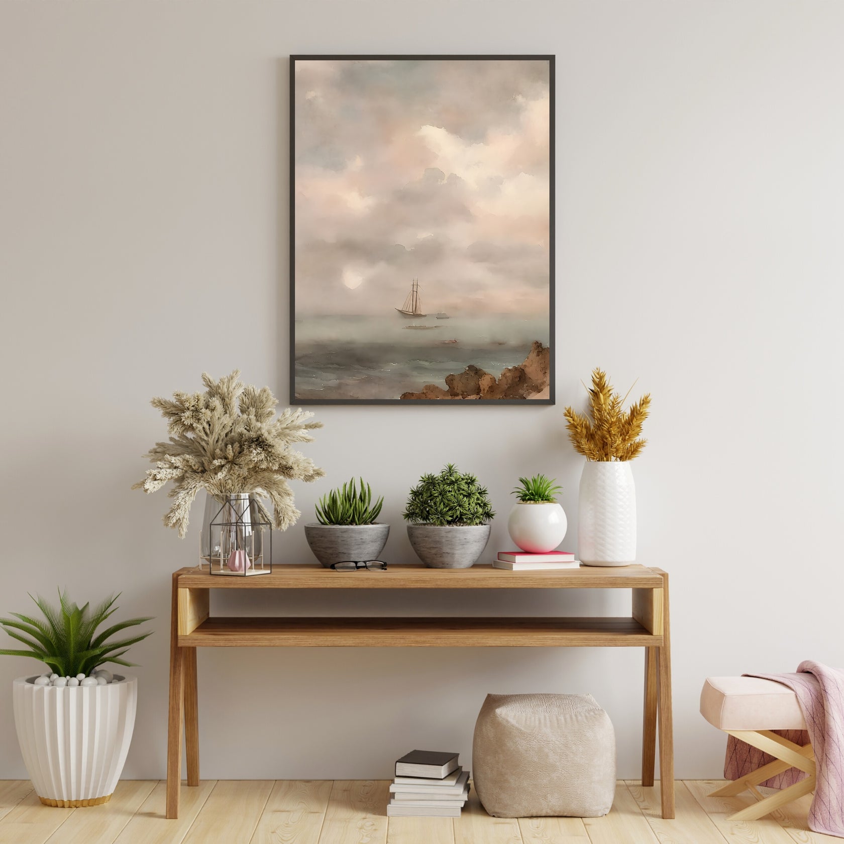 Rocky shoreline with damaged sailship watercolor coast painting ...