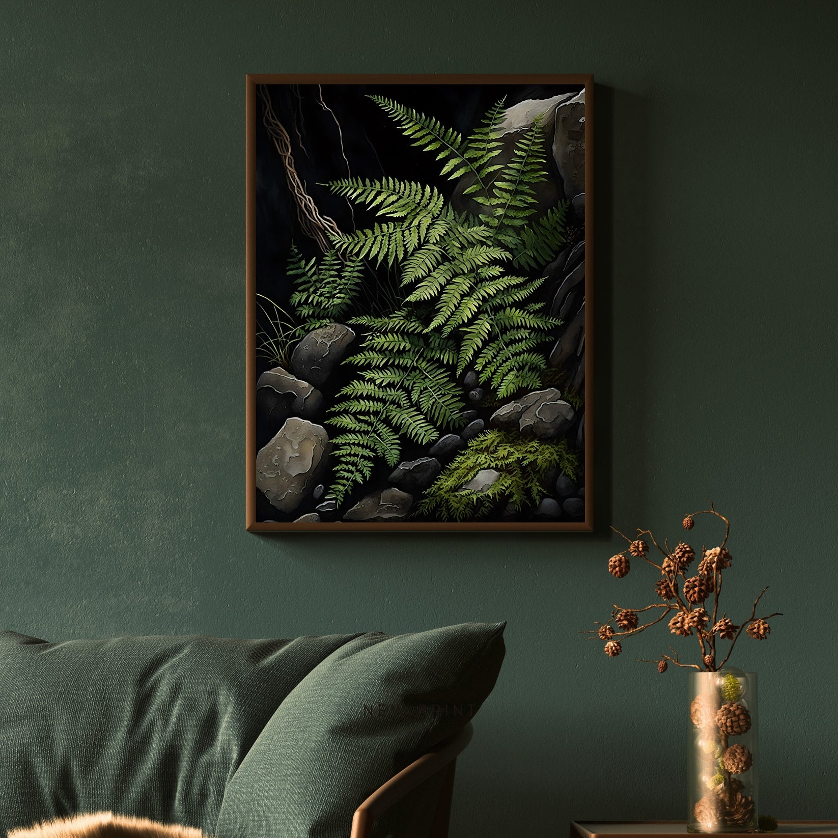 Mystic Forest Wall Art: Enchanting Fern Set in Dark Woodland with Rocks ...