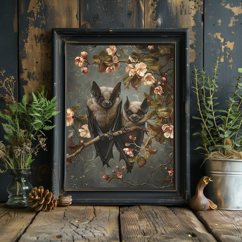 Bat Couple on Branch with Blooming Flowers - Whimsigoth Decor for ...