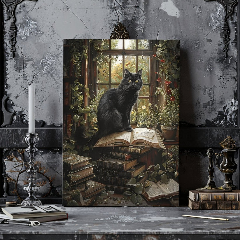 Black Cat on Books in Overgrown Library - Whimsigoth Decor for Unique ...
