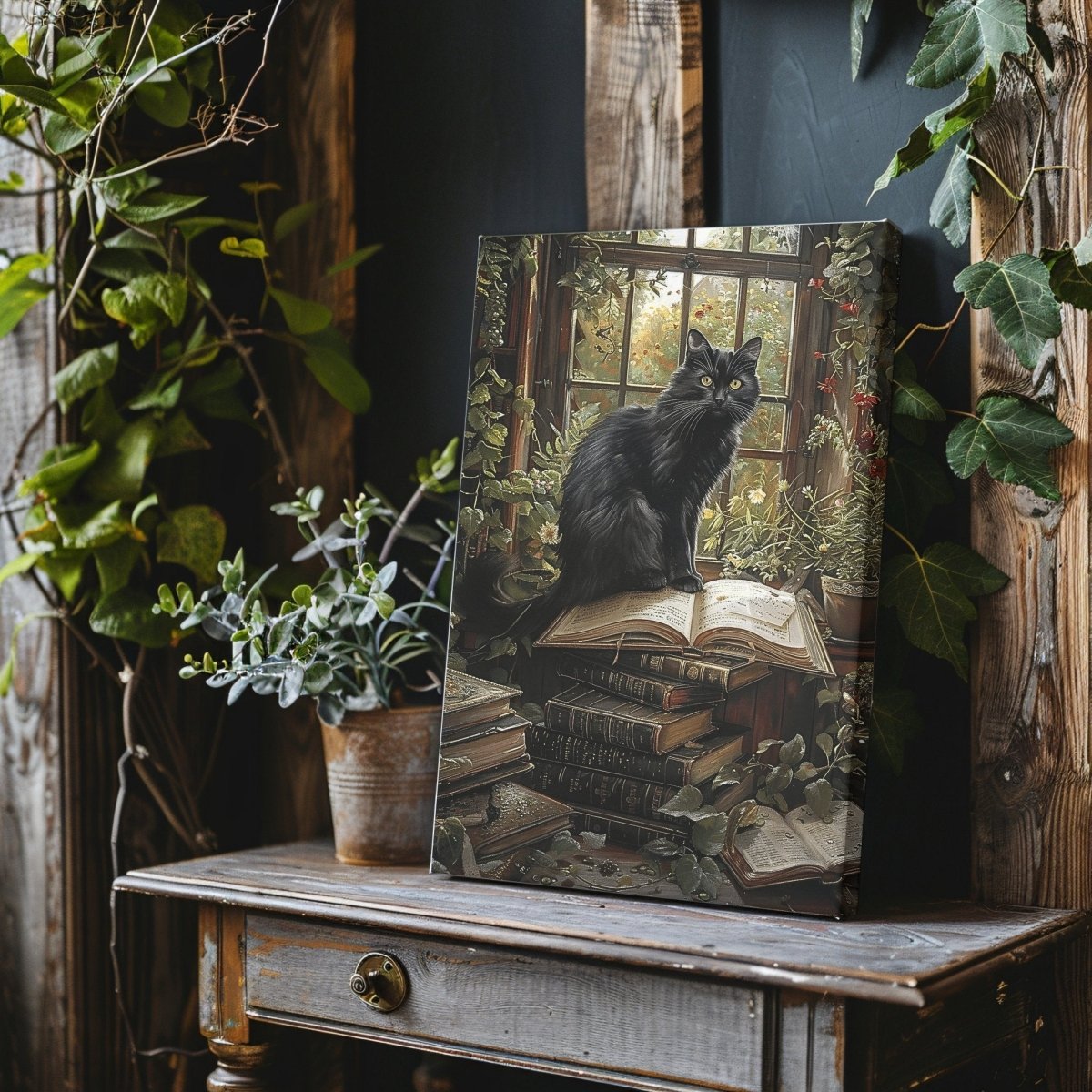 Black Cat on Books in Overgrown Library - Whimsigoth Decor for Unique ...
