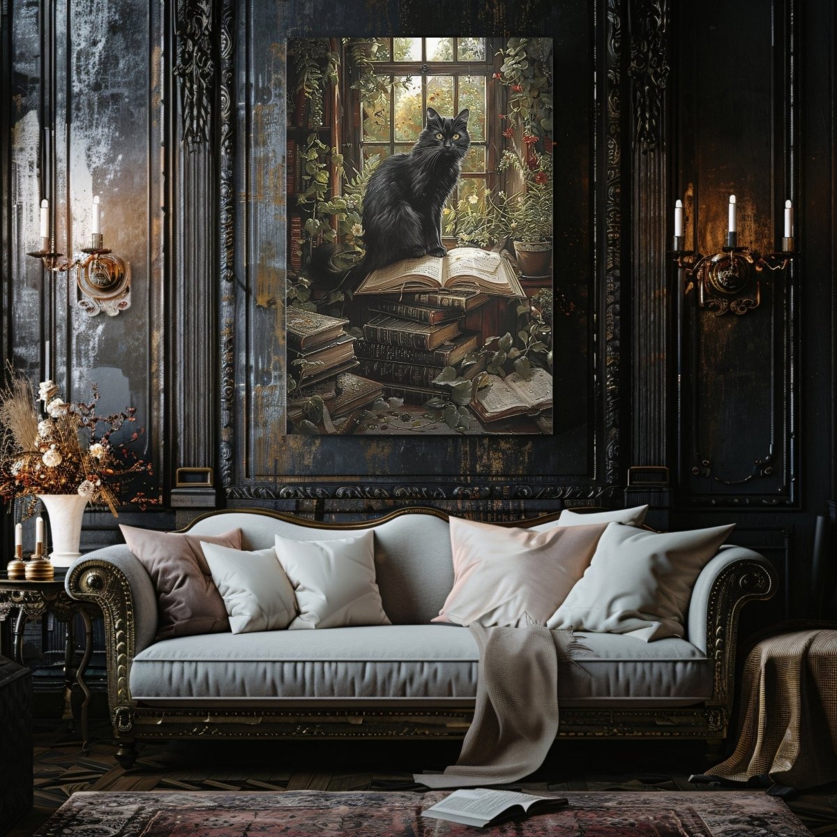 Black Cat on Books in Overgrown Library - Whimsigoth Decor for Unique ...