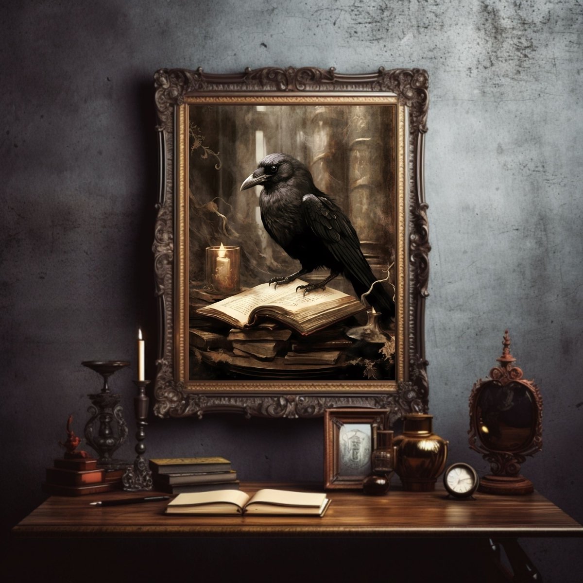 Black Raven in Library Dark Academia Gothic Artwork - Everything Pixel