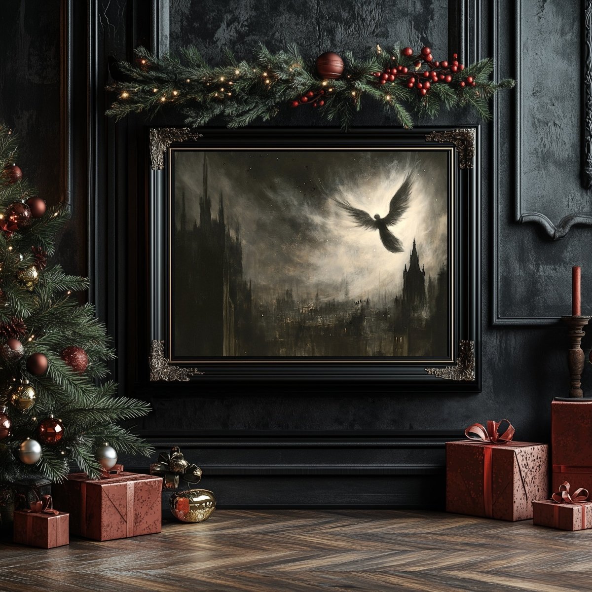 Celestial Angel Over Gothic Cityscape - Mystical Dark Academia Wall Ar ...