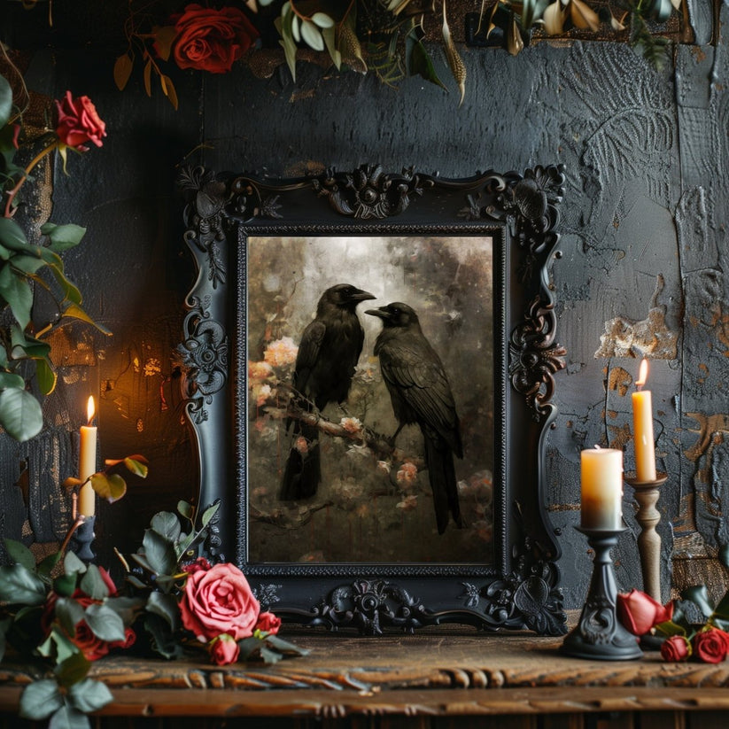 Raven Couple Perched on Flower-Adorned Branch - Dark Academia Inspired ...