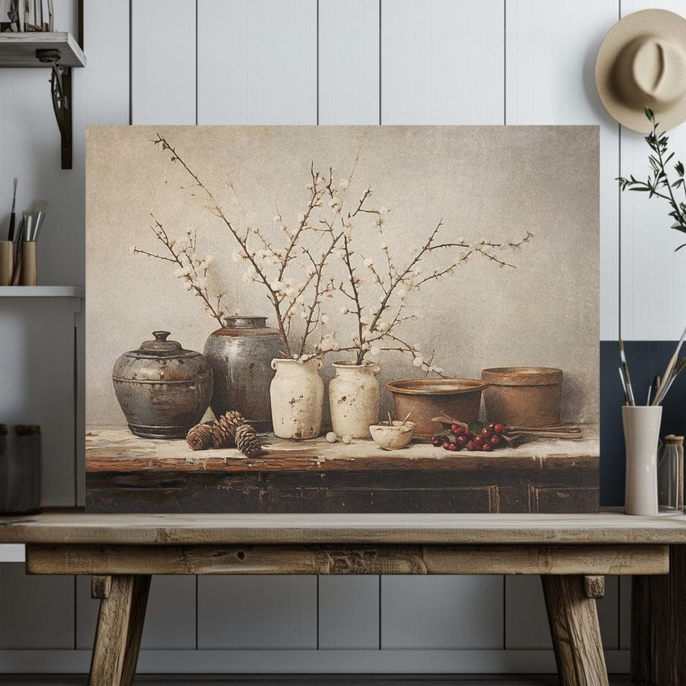 Rustic Elegance Canvas Print - Pottery & Winter Blossoms – Everything Pixel