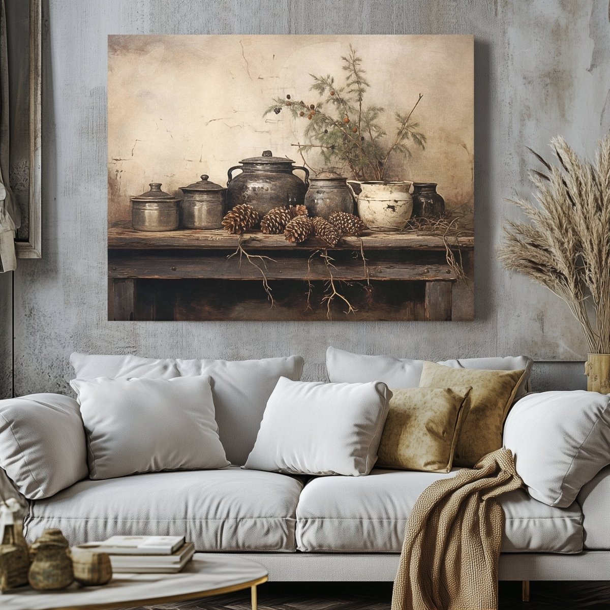 Rustic Winter Still Life Canvas - Antique Pots & Winter Greenery ...