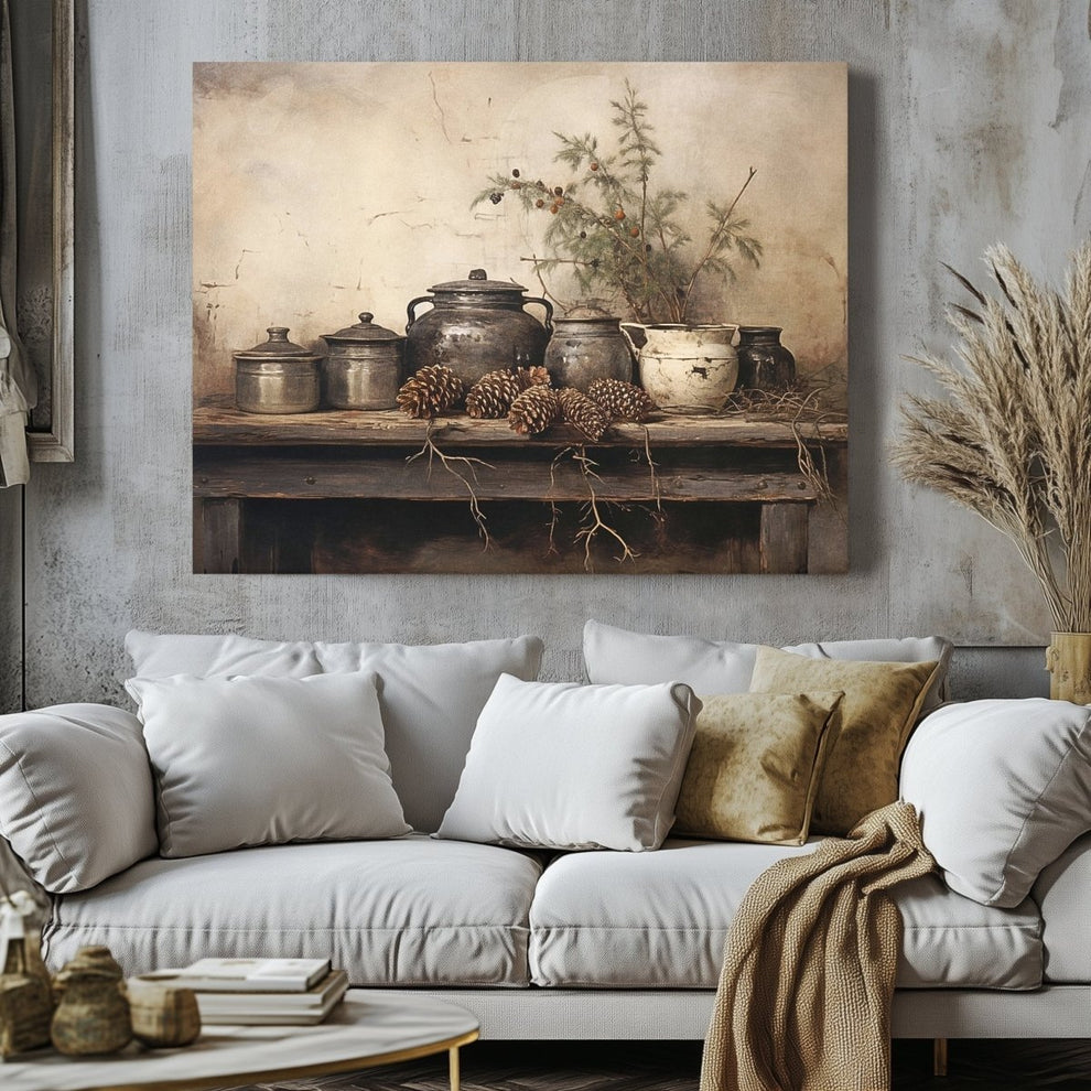 Rustic Winter Still Life Canvas - Antique Pots & Winter Greenery ...