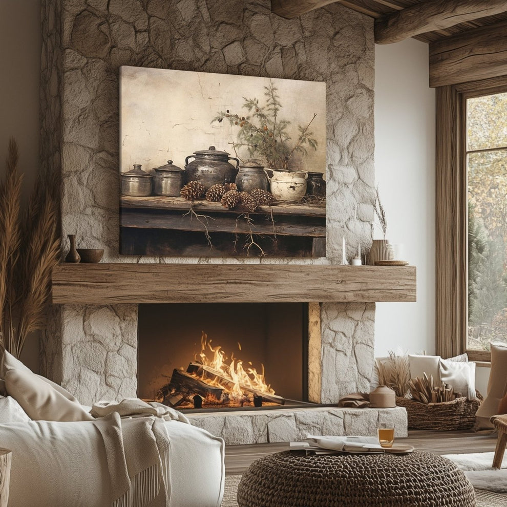 Rustic Winter Still Life Canvas - Antique Pots & Winter Greenery ...