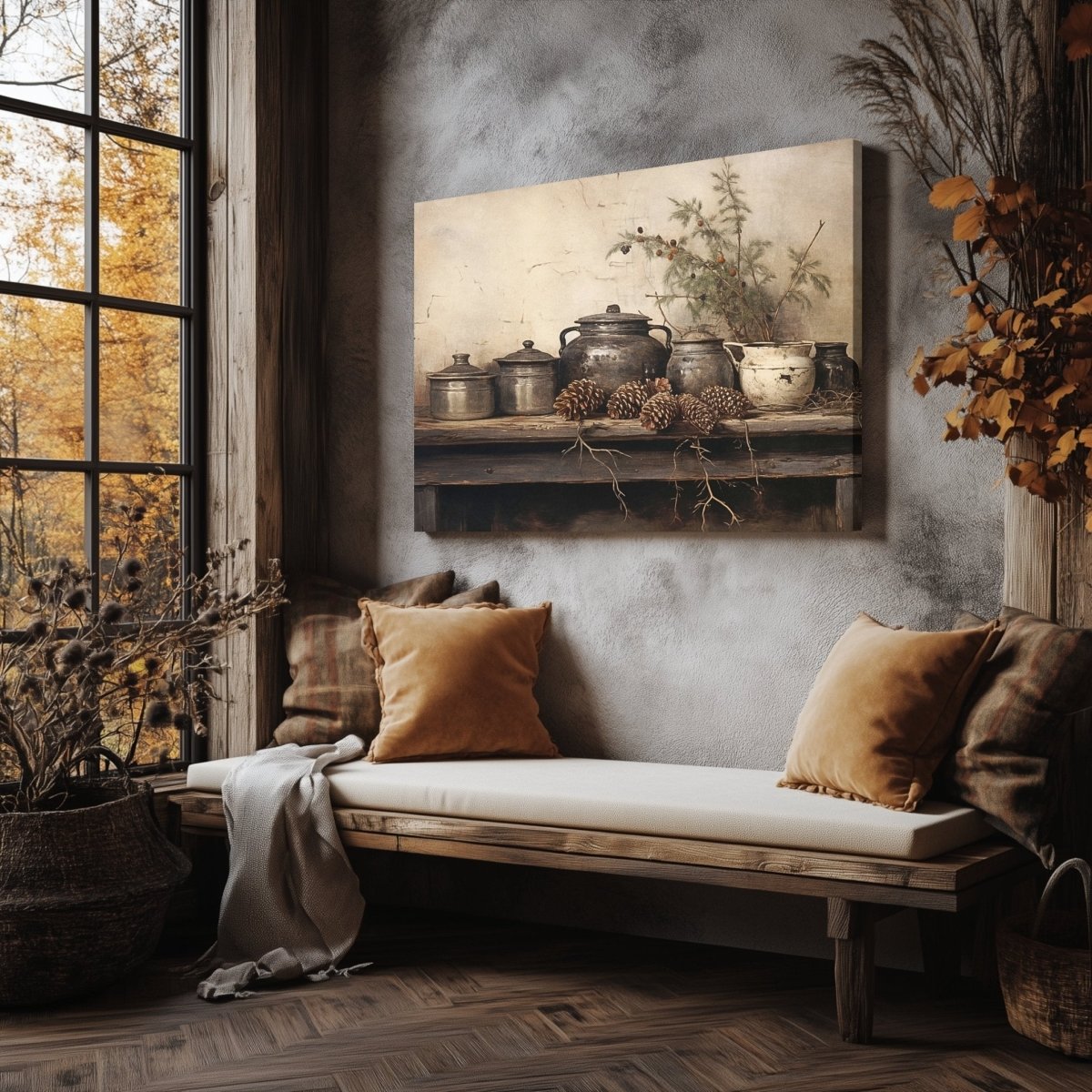 Rustic Winter Still Life Canvas - Antique Pots & Winter Greenery ...