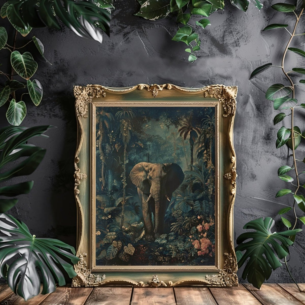 Vintage Elephant in Dark Jungle - Gothic Wall Art Print – Everything Pixel