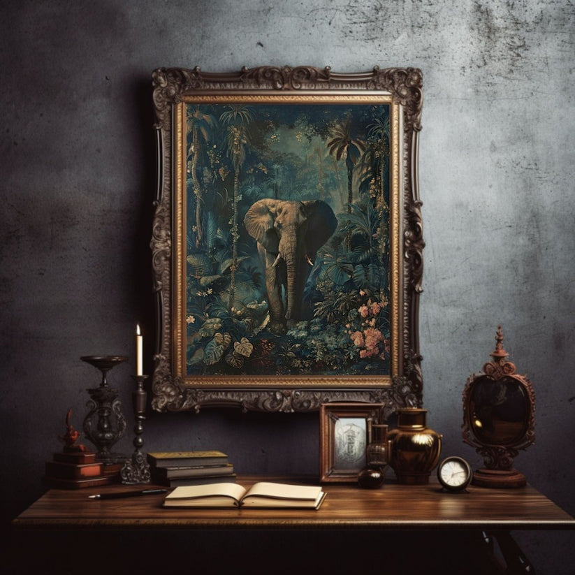 Vintage Elephant in Dark Jungle - Gothic Wall Art Print – Everything Pixel