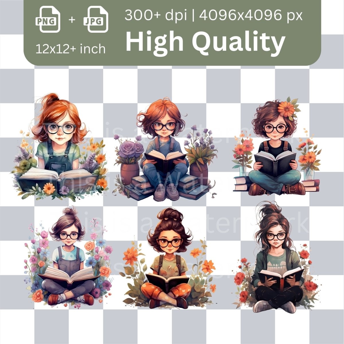 Bookworm Girls reading Megabundle 42+42 High Quality PNGs Stack of ...