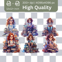Bookworm Girls reading Megabundle 42+42 High Quality PNGs Stack of ...