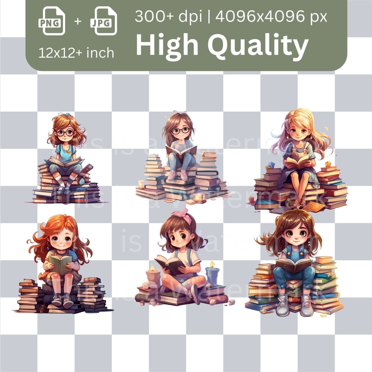 Bookworm Girls reading Megabundle 42+42 High Quality PNGs Stack of ...