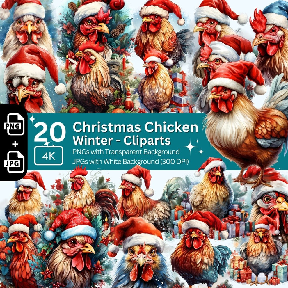 Christmas Chicken Cliparts 20x PNG Bundle Chicken with Santa Hat ...