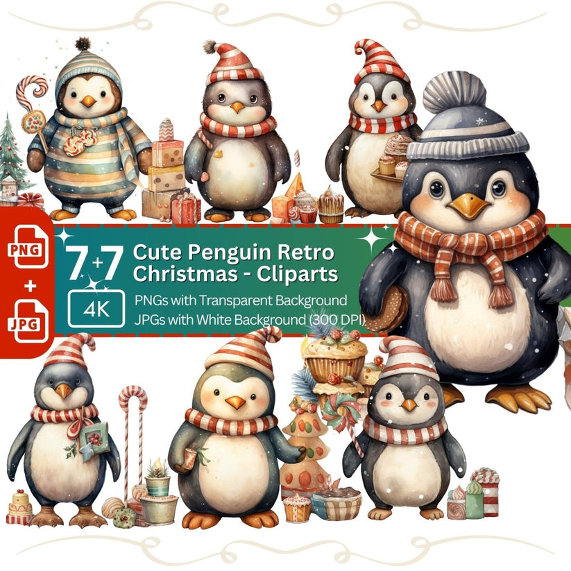 Cute Christmas Penguin 7x PNG Clipart Bundle Festive Animal Clipart ...