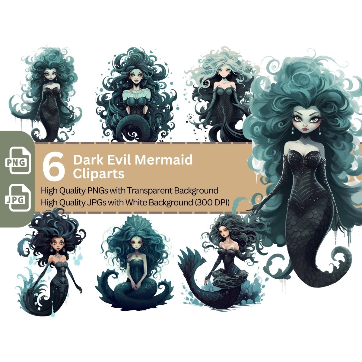 Dark Evil Mermaid 6+6 PNG Clip Art Bundle Fantasy Fairytale Design ...