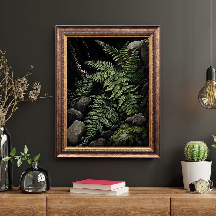 Mystic Forest Wall Art: Enchanting Fern Set in Dark Woodland with Rocks ...