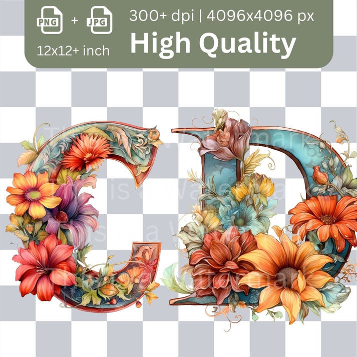 Floral Alphabet 26+26 PNG Clip Art Bundle Fancy Letters for Invitation ...