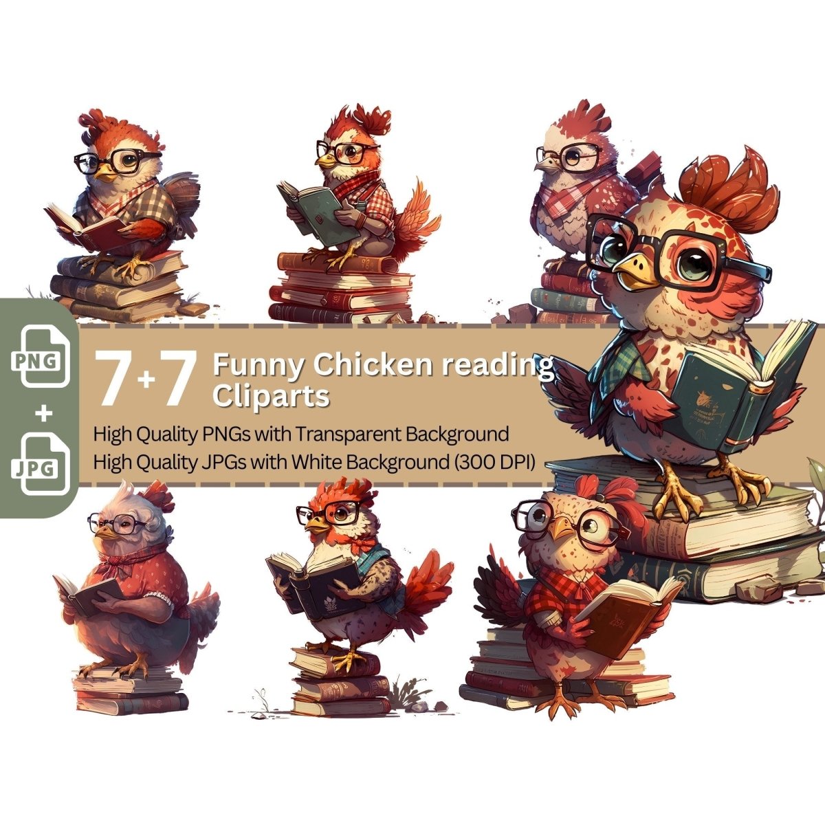 Funny Chicken reading 7+7 PNG Clip Art Bundle Stack of Books ...