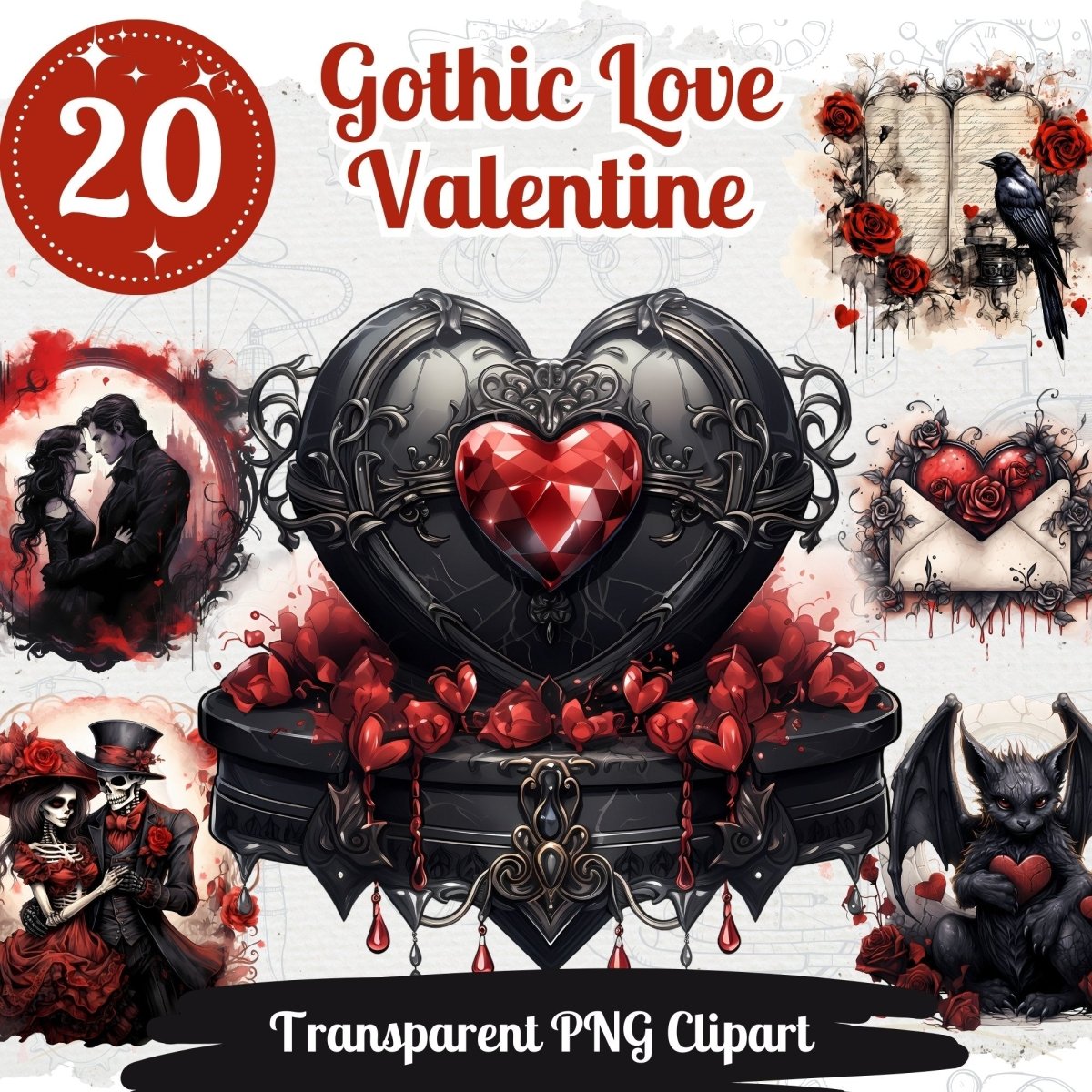 Gothic Love Cliparts 20 PNG Bundle Romantic Valentines Day Set Gothic ...