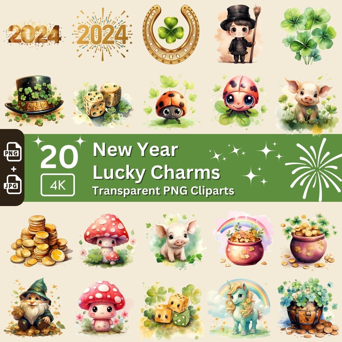 Lucky Charm Cliparts 20 PNG Bundle Festive New Year Celebration Gifts ...