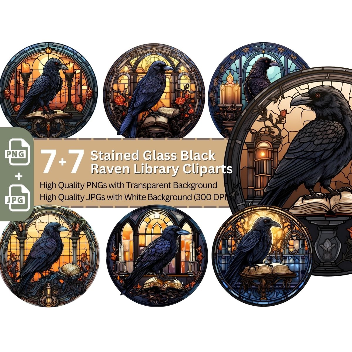 Raven on Spellbook Stained Glass Design 7+7 High Quality PNGs Clipart ...