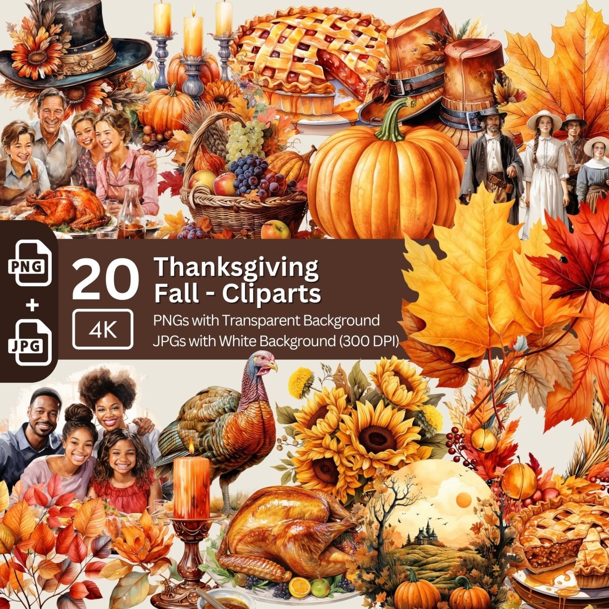 Thanksgiving Clipart Bundle 20 + 20 PNG JPG Fall Graphics - Everything ...